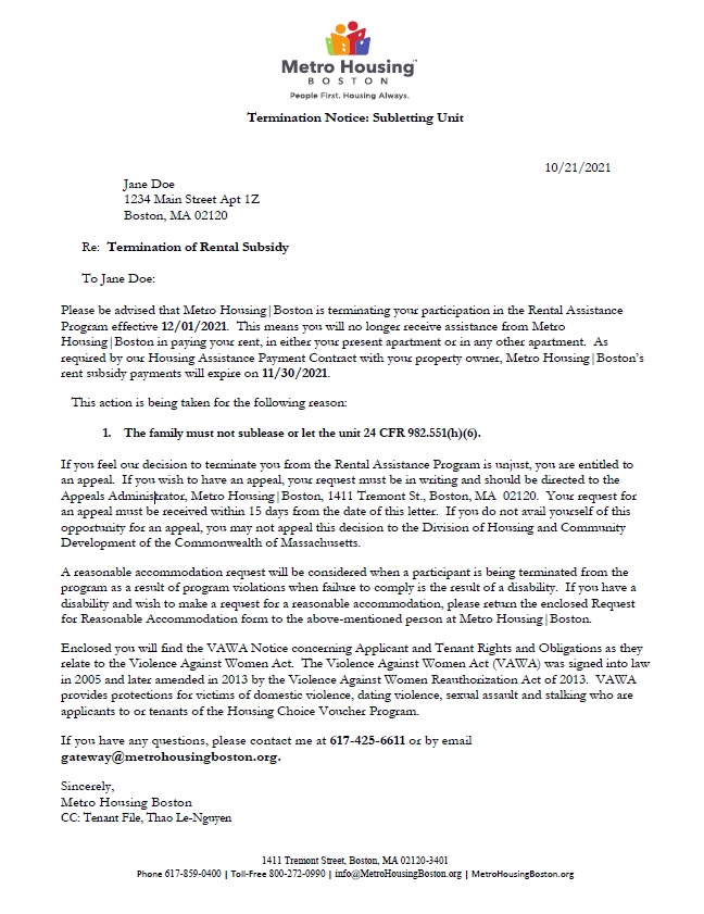 I received a termination letter and don’t know why: Subletting Unit ...